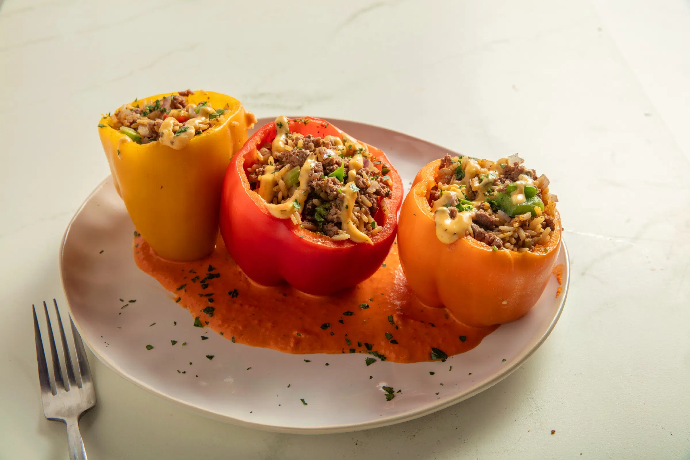 Cajun "Dirty" Stuffed Peppers with Smoky Poblano Cream - Gordon Food ...